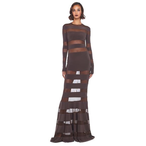 Norma Kamali | Dresses | Nwt Norma Kamali Long Sleeve Spliced Meshstriped Fishtail Gown ...